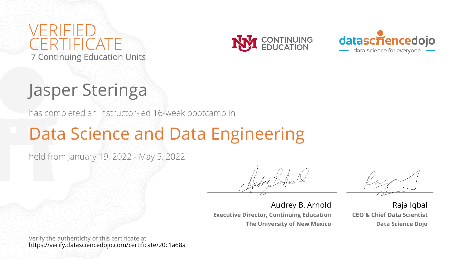 Jasper Steringa's Certificate | Data Science Dojo